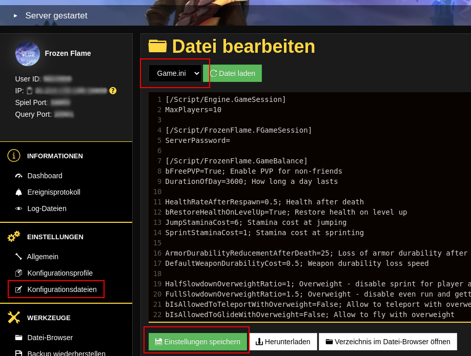 Konfiguration eines Frozen Flame Servers | NITRADO
