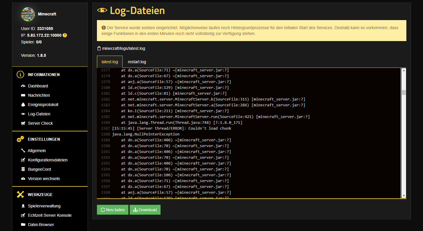 Minecraft Server startet dauernd neu / Crasht | NITRADO