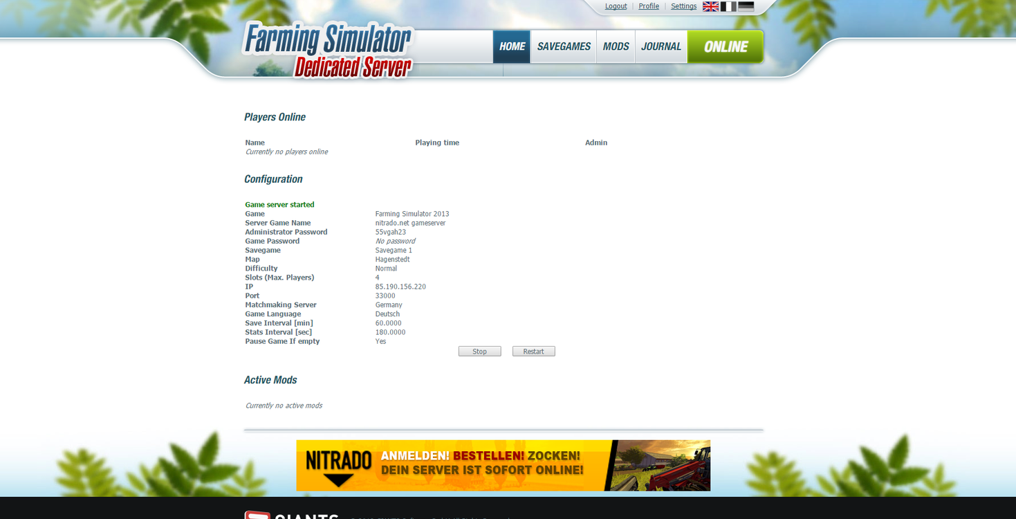 Webinterface for FS 2013 | NITRADO
