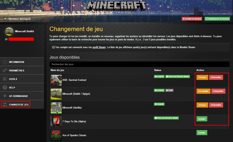 Changer de jeu et Ré-installer le serveur | NITRADO